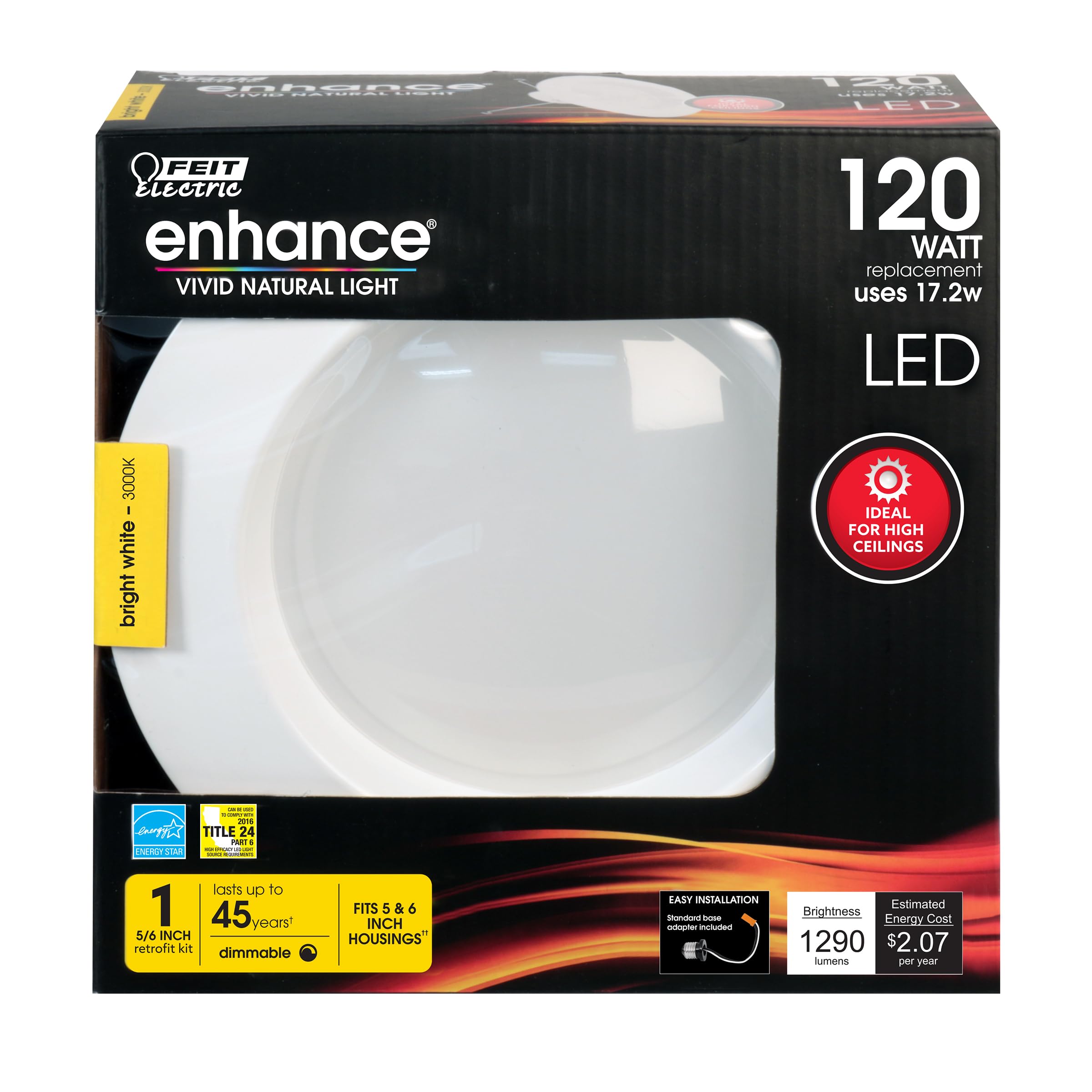 Feit Electric 5,6 inch LED Recessed Downlight, Pre,Mounted Trim, Standard E26 Base Adapter, Dimmable, High Output 120W Equivalent, 1290 Lumens, 45 Year Life, 3000K Bright White - LEDR56HO/930CA