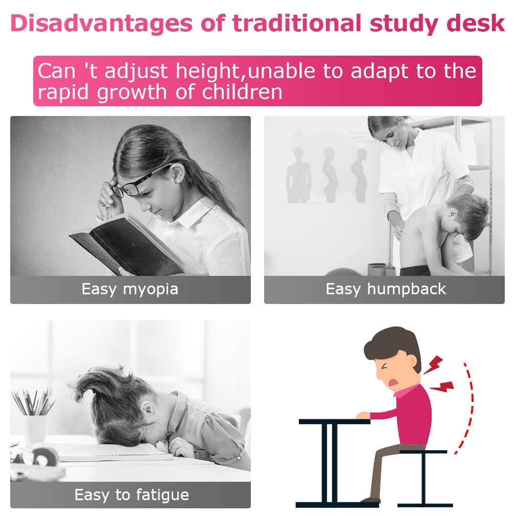 FDW Kids Desk Children Writing Student Desk Drafting Table Height Adjustable Study Table and Chair with Drawers Storage,Pink