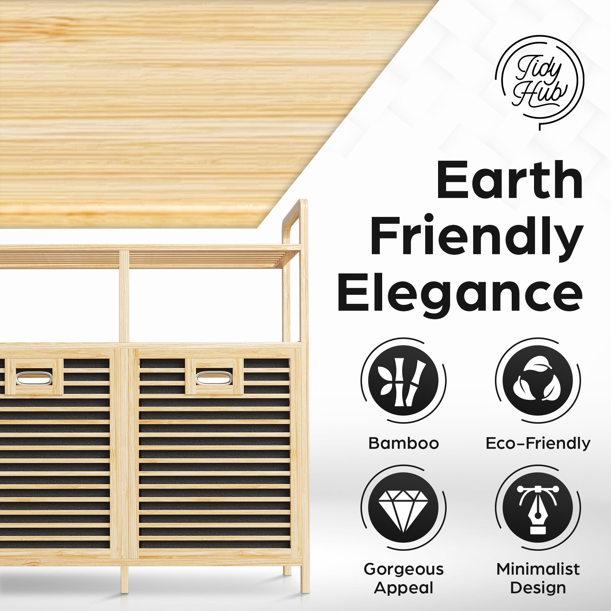 TidyHub Double Tilt Out Laundry Hamper with Shelf - Durable Bamboo Hamper with 2 Removable Laundry Liner Fabrics, Easy Grab Handle & Manual - Pull Out Laundry Hamper Cabinet for Clothes Towels Toys