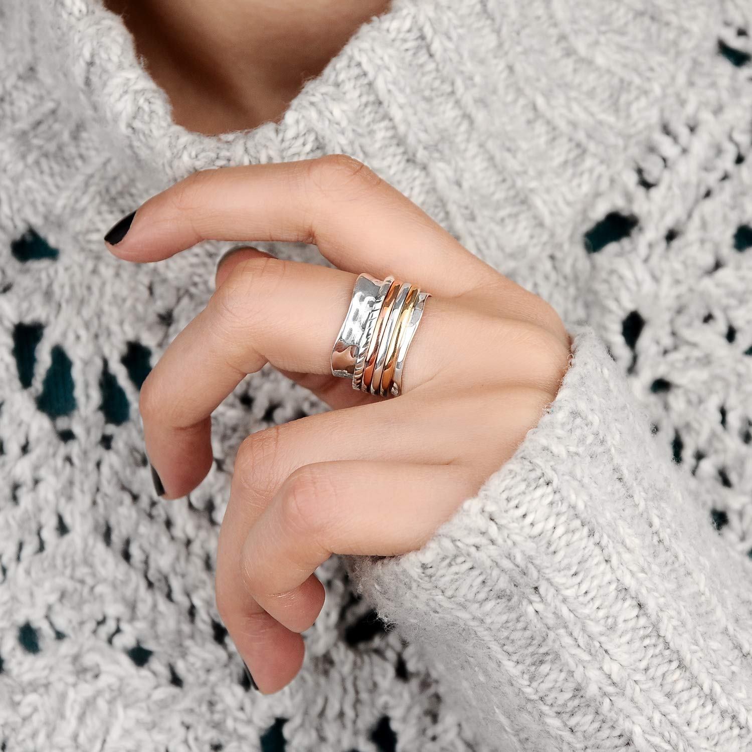 Boho-Magic Spinner Ring for Women 925 Sterling Silver with Copper Brass and Silver Fidget Rings (9)