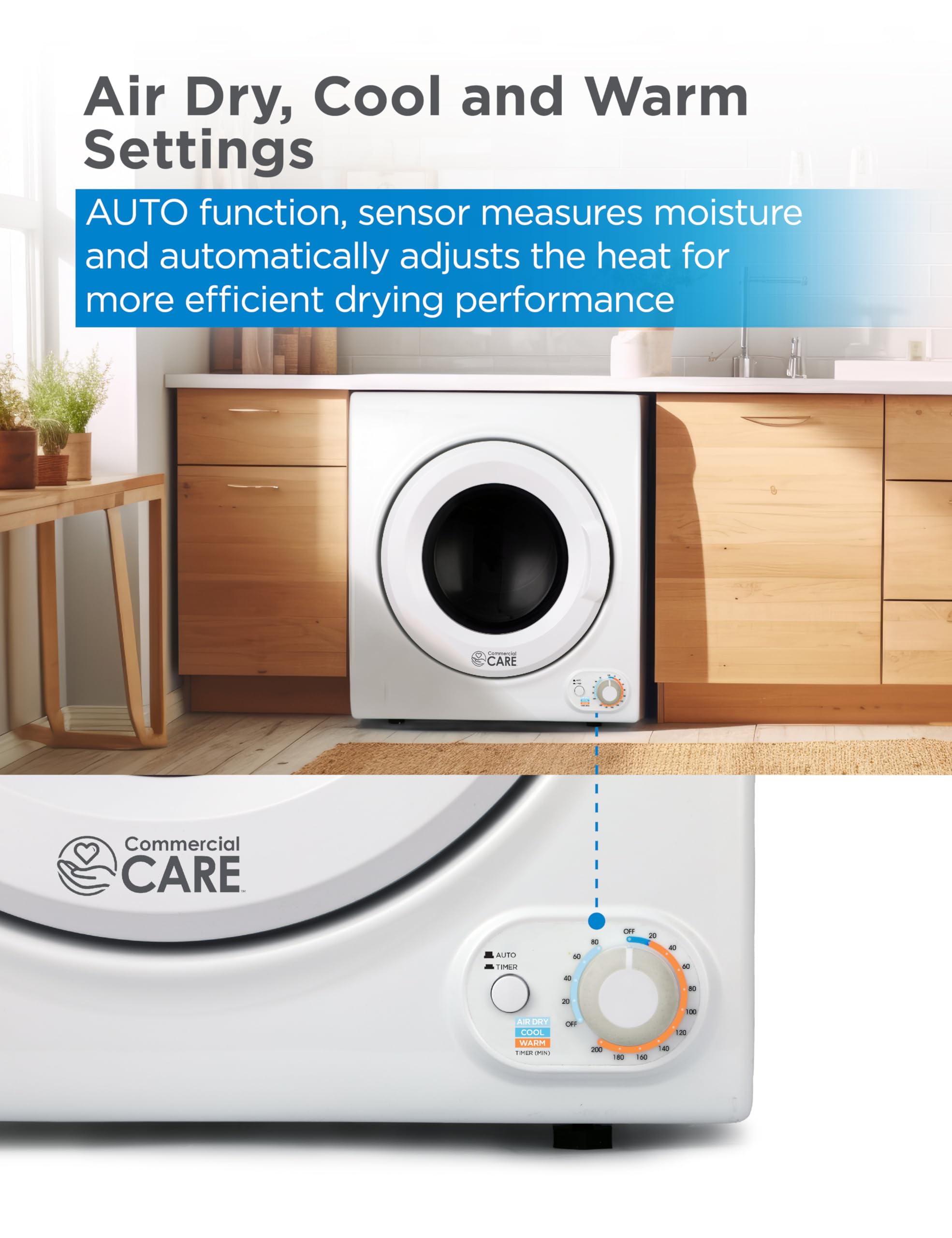 Commercial Care 3.5 Cu. Ft. Portable Dryer, 120V Electric Dryer for Clothes, Front Loading Dryer Machine Holds Up To 13.2 lbs. or 6 kg. of Laundry, Stainless Steel Drum, 1500 Watts, White