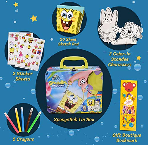 Gift Boutique SpongeBob Squarepants Coloring and Activity Tin Box, Crayons Stickers Mess Free Craft Kit for Toddlers Boys Girls Kids, Bookmark Included