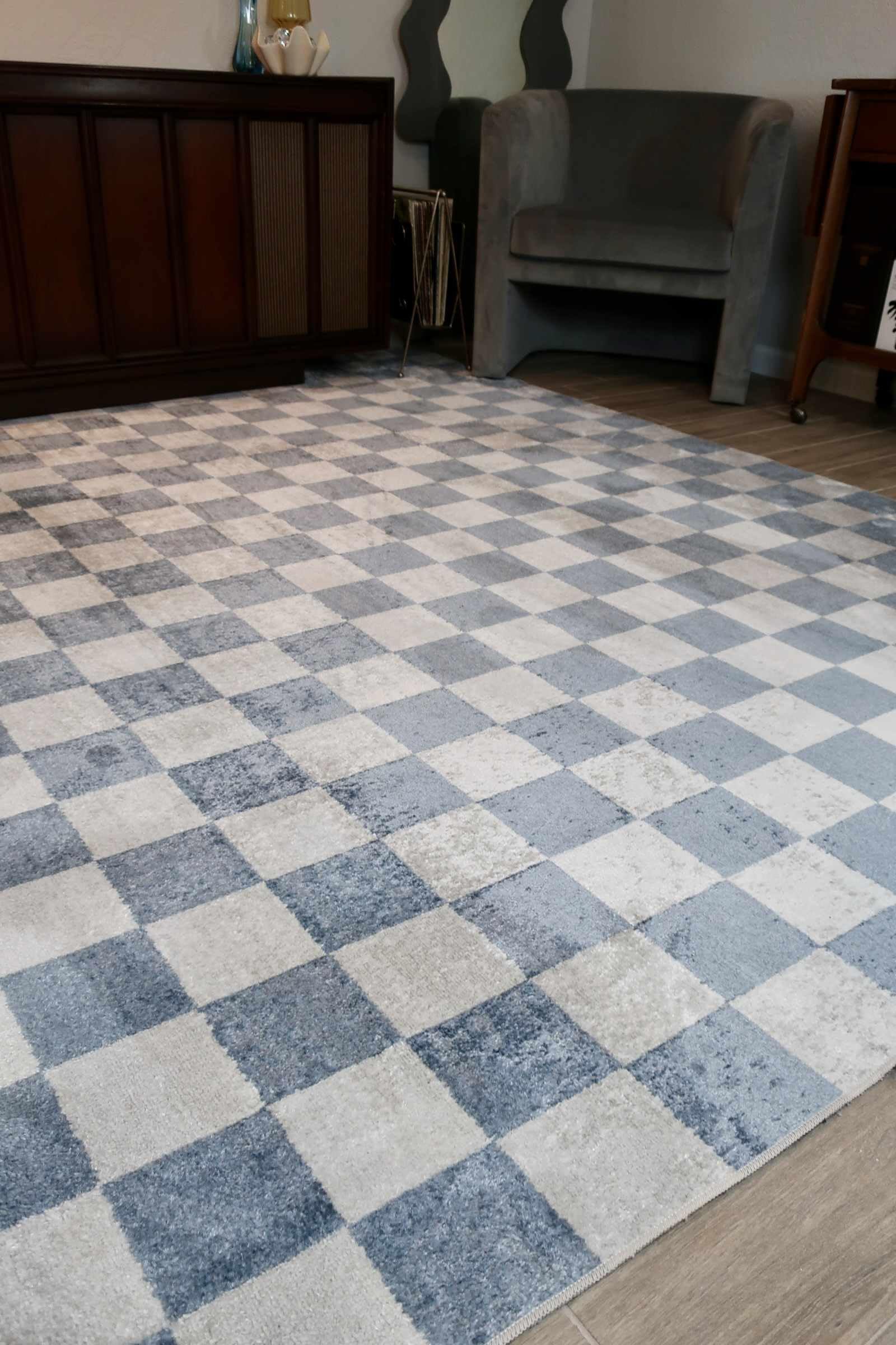 Hauteloom Brone Contemporary Checkered Area Rug - Modern Geometric Bordered Carpet for Living Room, Bedroom, Dining Room - Checkboard Design - Square Tiles - Blue, Ivory - 5'3" x 7'