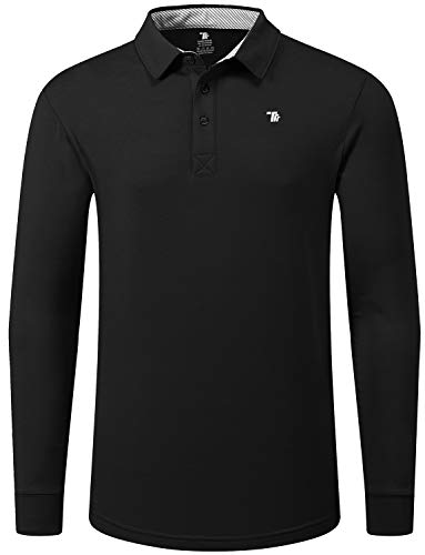 BGOWATU Men's Golf Polo Shirts 3-Button Lightweight UPF 50+ Long Sleeve Stretch Athletic Casual Top (Black,XL)