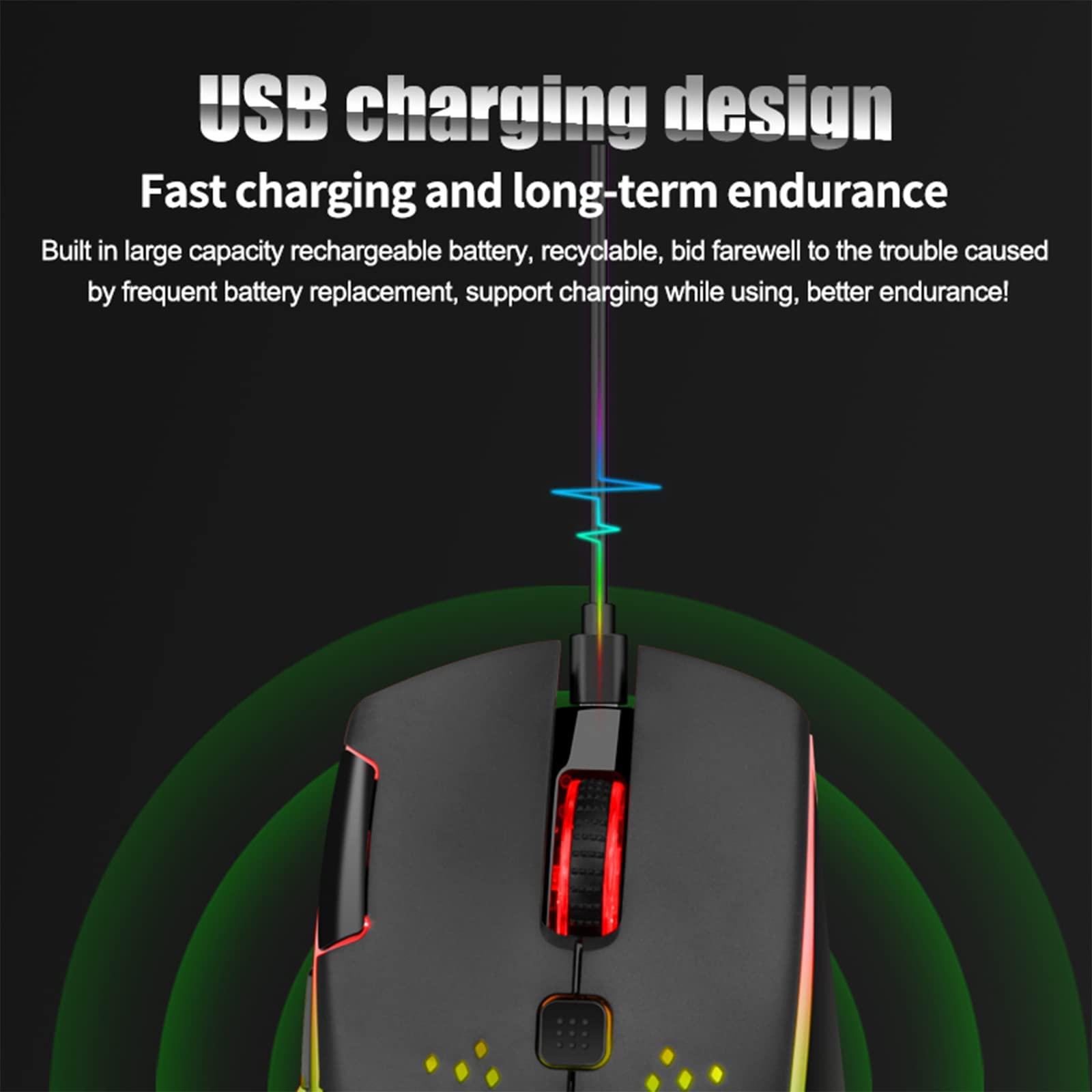 VEGCOO Wireless Gaming Mouse, C30 Silent Click Wireless Rechargeable Gaming Mouse with Double-Click Key and Colorful LED Lights, 3 Level Adjustable DPI, 400mah Lithium Battery for Gaming and Working