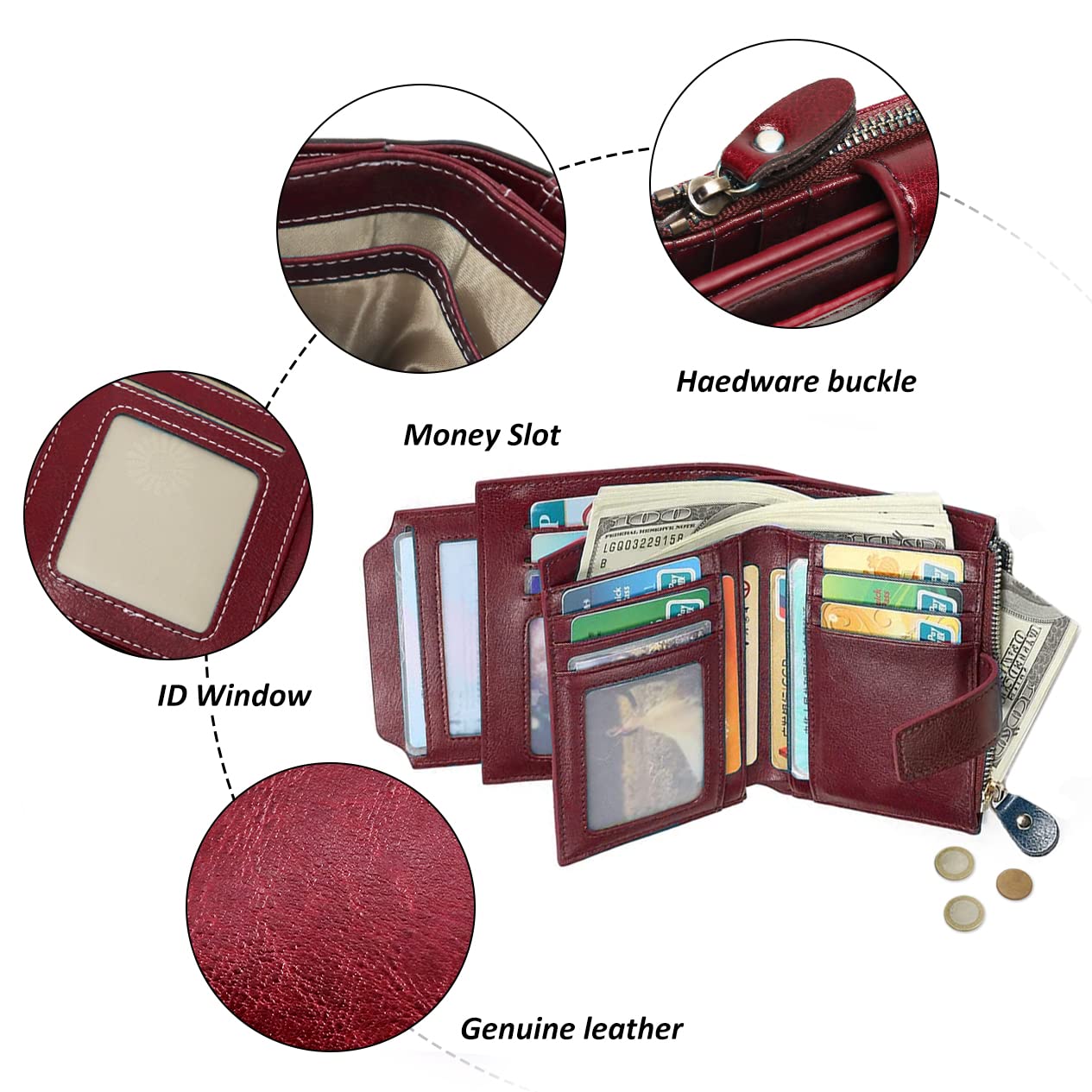 CALIYO Short Wallet for Women, Minimalist Bifold Small Wallets, Lady Clutch Wallet,Women Coin Purses with RFID Blocking Genuine Leather Wallet for Women(Wine Red)