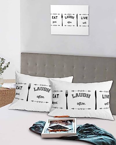 Edwiinsa Black Knife and Fork Eat Laugh Live Pillow Covers Standard Size Set of 2 20x26 Bed Pillow, Rustic White Plush Soft Comfort for Hair/Skin Cooling Pillowcases with Envelop Closure
