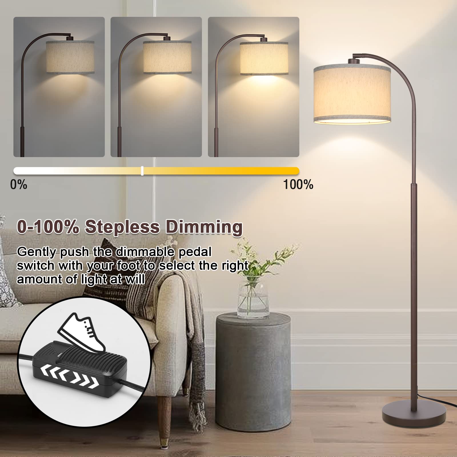 Boncoo Dimmable Floor Lamp, Arc Standing Lamp with Stepless Dimmer, Brown Floor Lamp with Adjustable Linen Beige Shade for Living Room Bedroom Study Room Office, 9W 3000K LED Bulb Included
