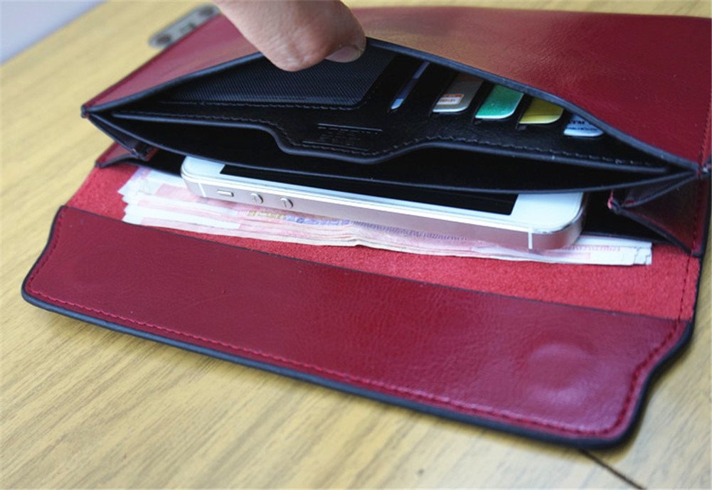 NIGEDU Women Long Wallet Genuine Cowhide Leather Cards Holder Clutch Purse Phone Bag (Wine Red)