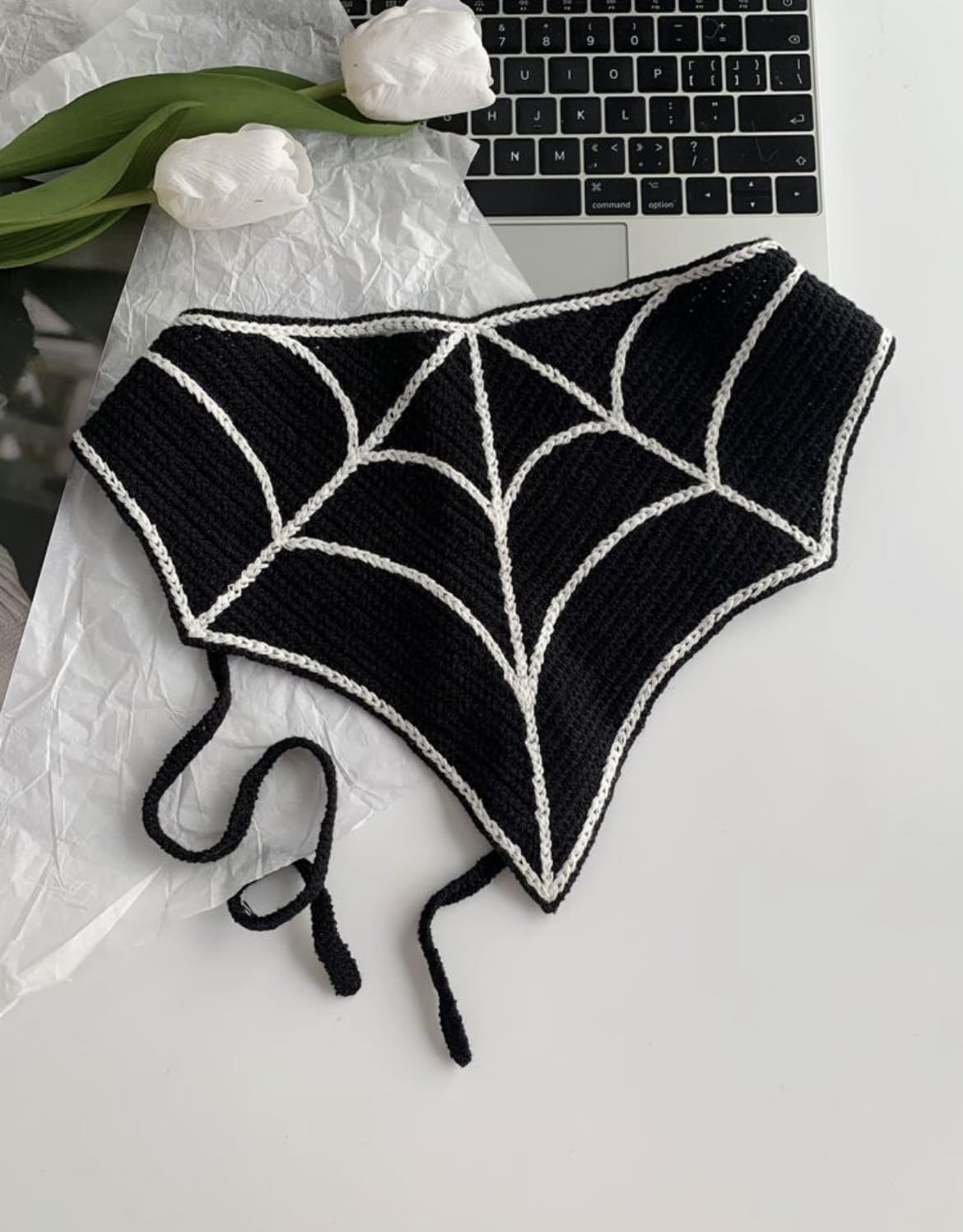 ClawsandPaws Gothic Spiderweb Crochet Bandana Scarf, Spiderweb Greyscale Halloween Style, Spider Web Witch Board Gothic Neck Bandanas, Triangle Headband, Unisex, Black