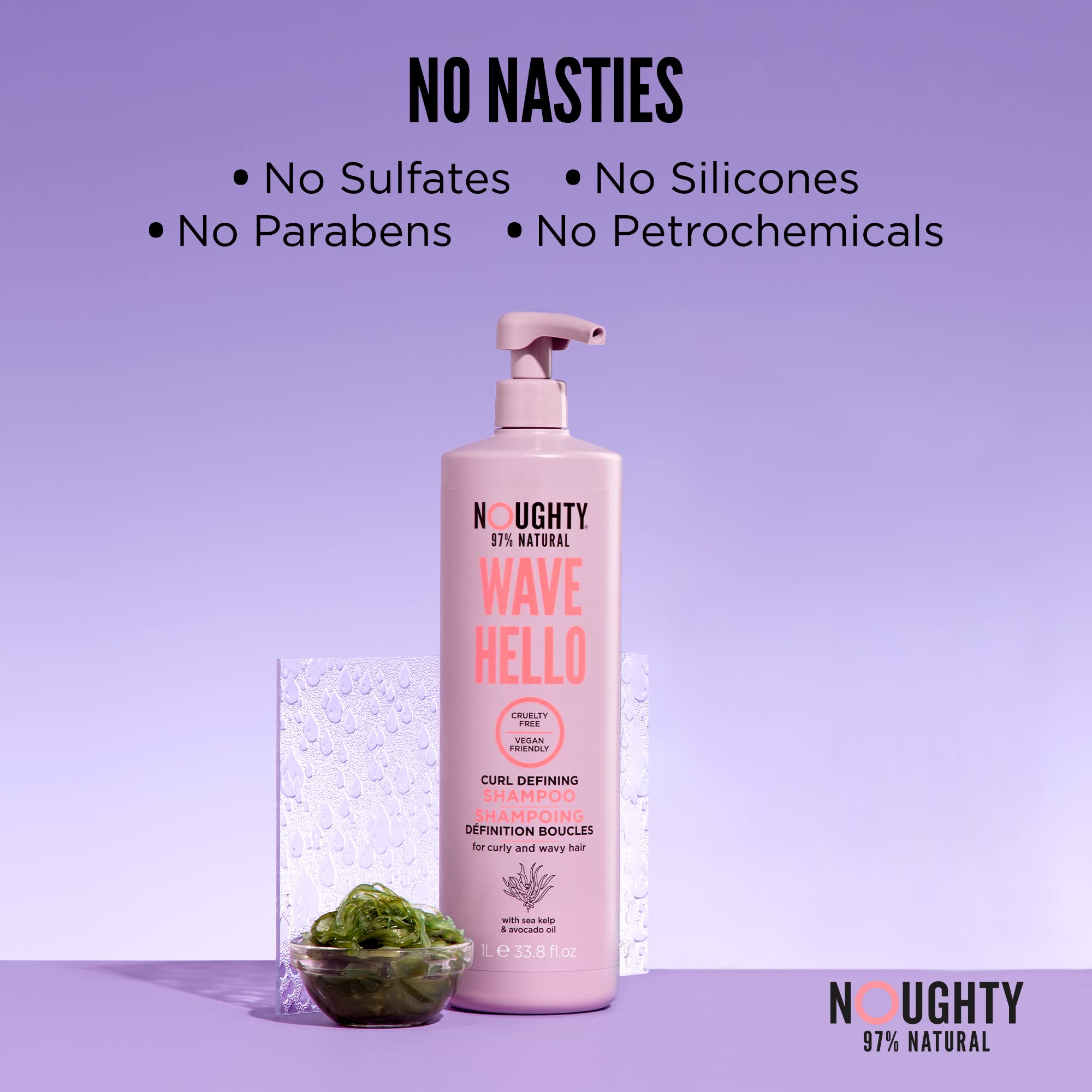 Noughty Wave Hello Curl Defining Shampoo (1L) - Vitamin Rich Formula for Curly and Wavy Hair, 97% Natural, Sulphate Free, Vegan