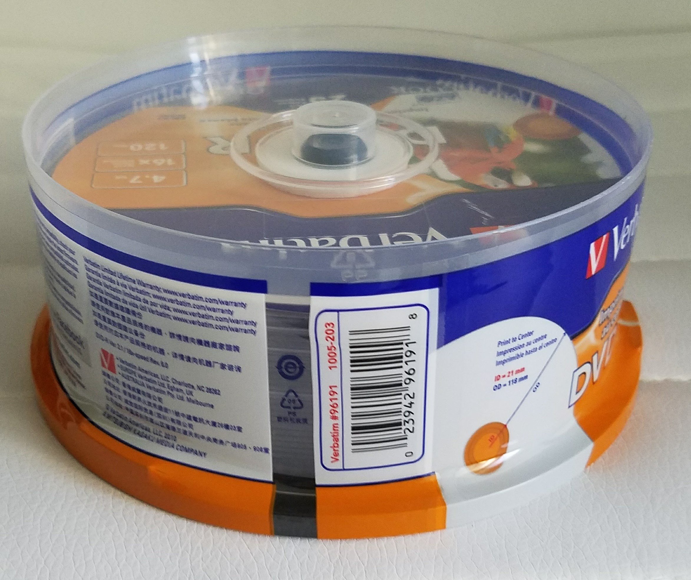 Verbatim DVD-R 4.7Gb 16X White Inkjet Hub Printable 25pk Spindle