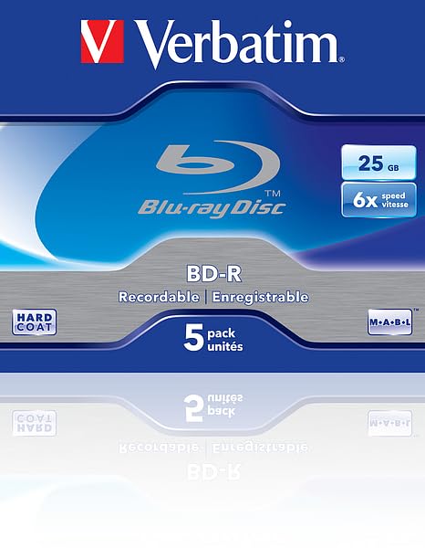 Verbatim BD-R Single Layer 6X Burning Speed Printable Surface Scratchguard Plus Pack of 5