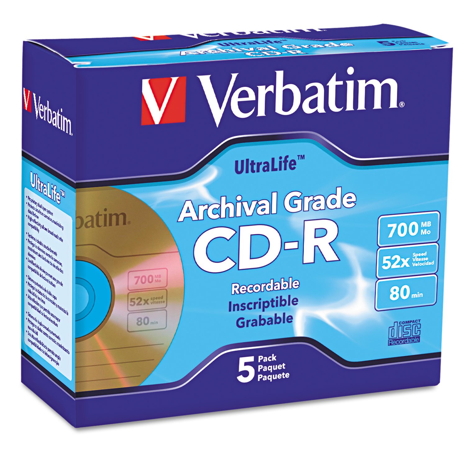 Verbatim CD-R Archival Grade Disc, 700MB, 52x, w/ Jewel Case, Gold, 5/Pack