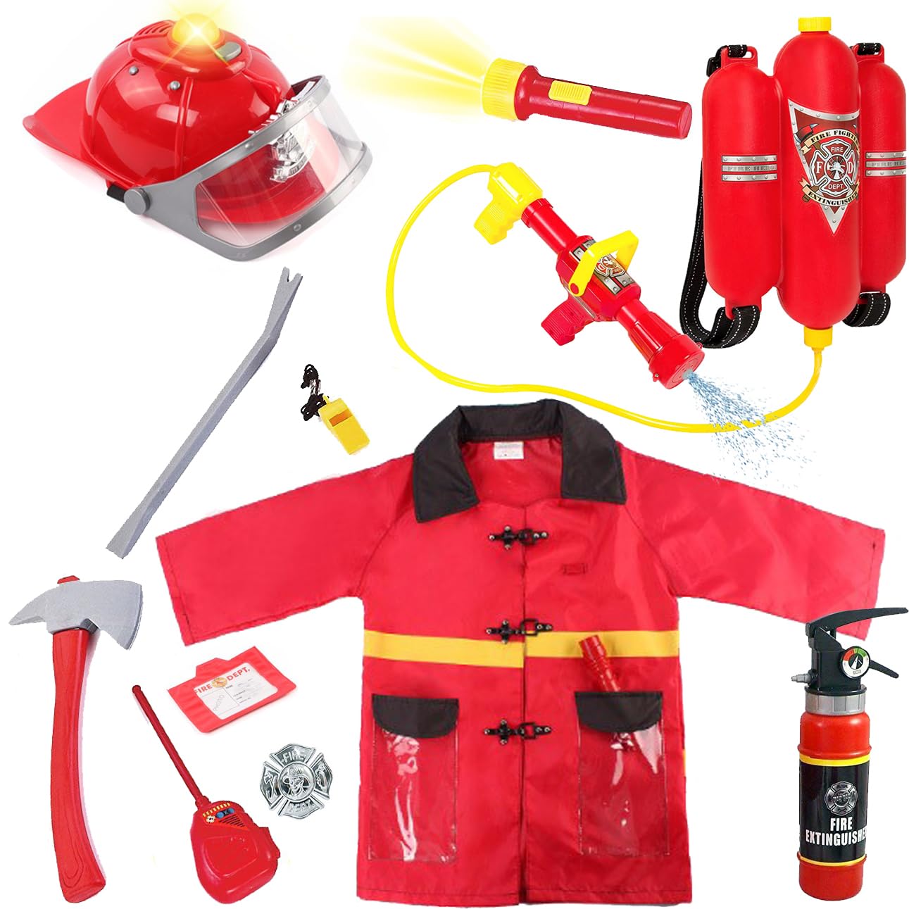 Liberty Imports 12 Piece Kids Fireman Costume Gear Firefighter Chief Dress Up Clothes for Role Play Toy Set with Backpack Water Gun, Fire Extinguisher and Accessories