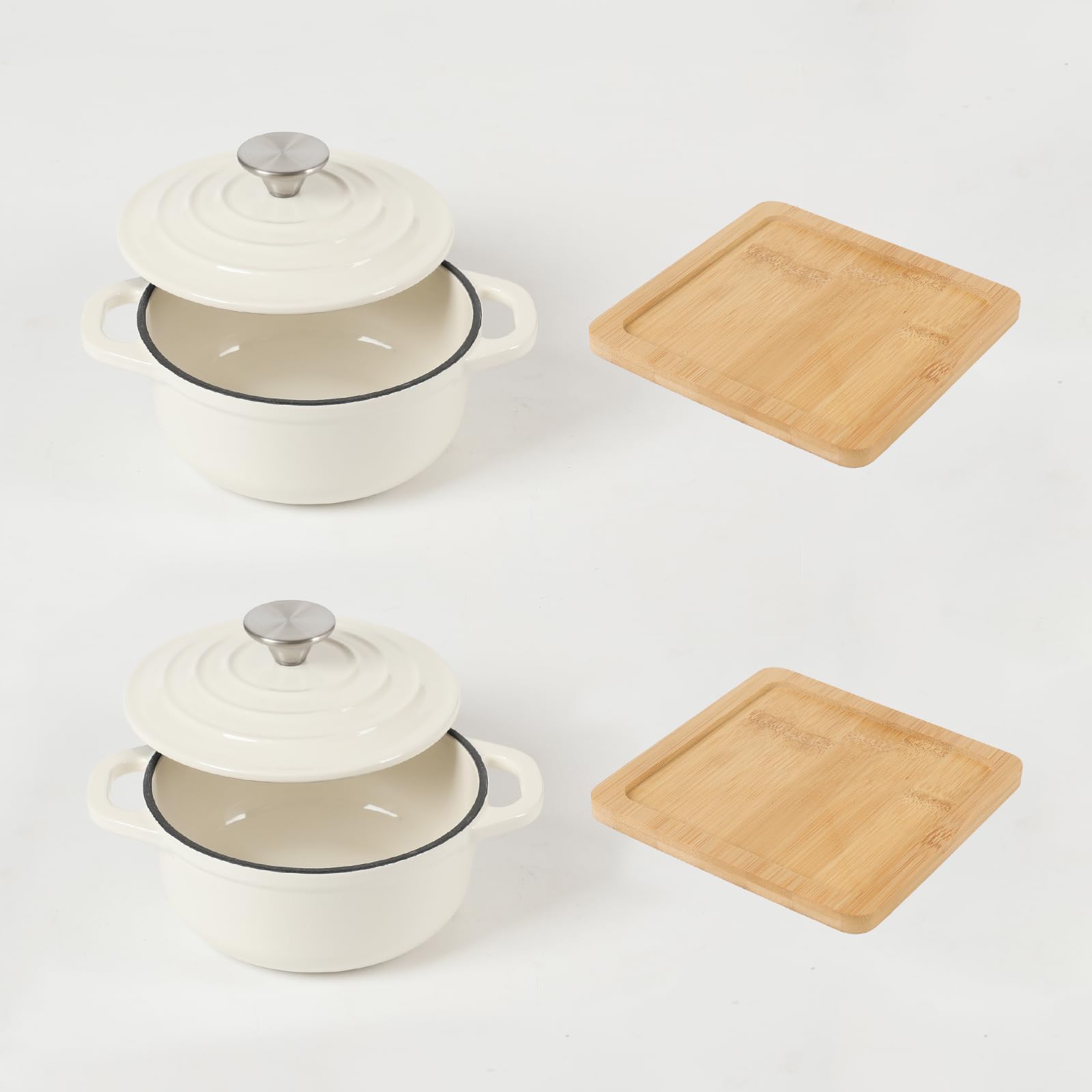 HAWOK Enameled Cast Iron Mini Dutch Oven,Dia5.51inch,23oz, Set of 2 Creamy white