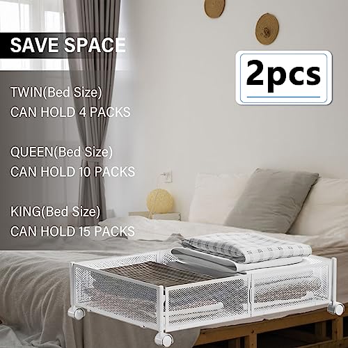 Femococ Under Bed Storage with Wheels, 2 Pack Under Bed Storage Containers Foldable Under Bed Wheeled Storage Space-Saving Solution for Shoes, Clothes & Blankets - White