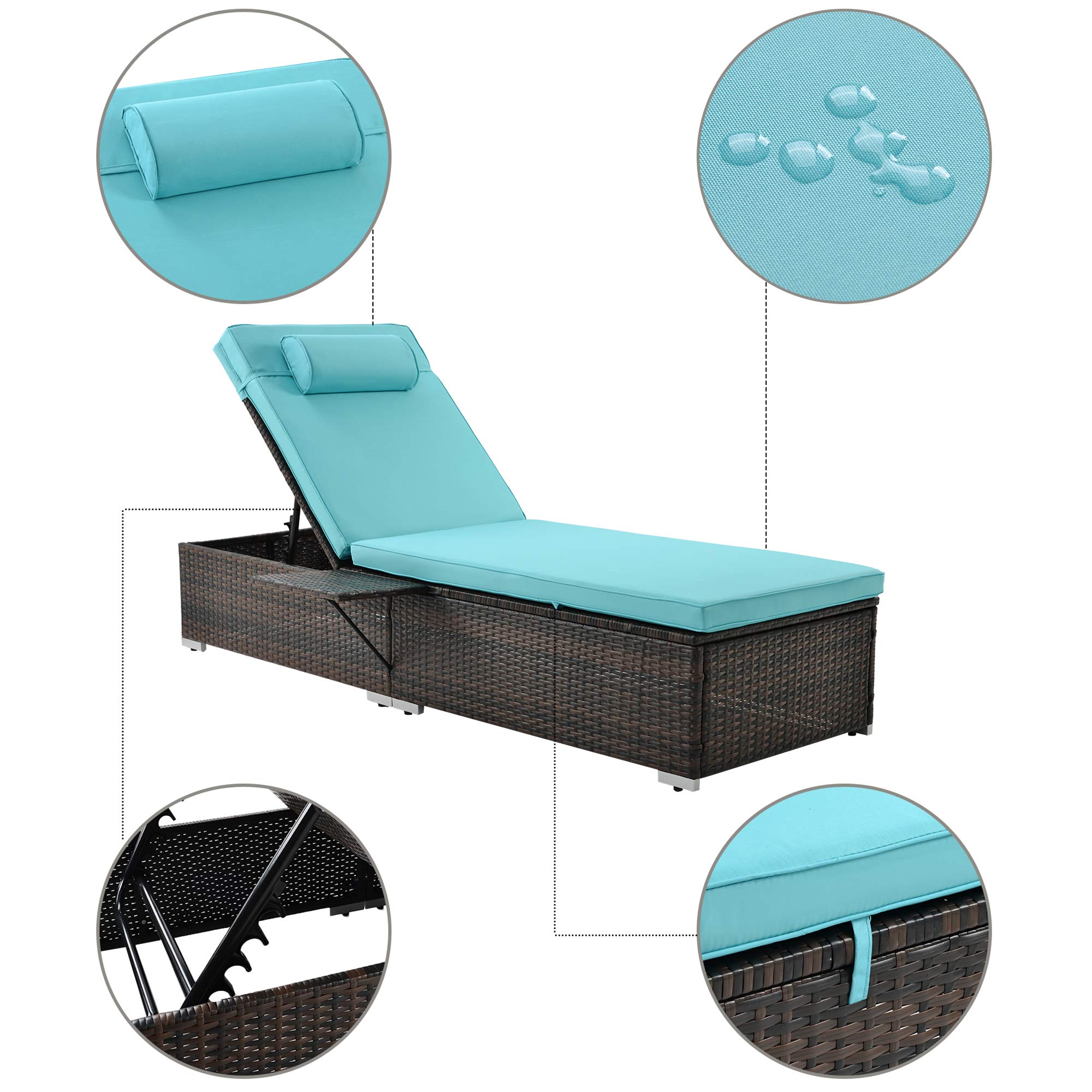 BIADNBZ 2-Piece Outdoor Patio Recliner Chairs for 2,Dual-Use PE Wicker Chaise Lounge Set with Side Table Adjustable Backrest,Cushions and Head Pillows for Courtyard, Swimming Pool, Balcony, Blue