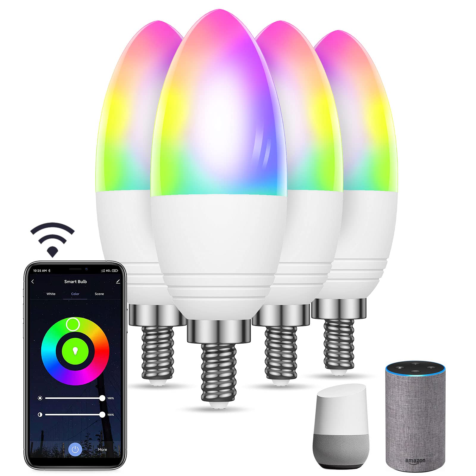 Bewahly Smart Light Bulbs, led Color Changing Candelabra Light Bulbs, E12, 4.5W,40W Equivalent,300 Lumen,RGB + CCT, Warm-Cold White Dimmable (2700K-6000K), Support WiFi/Alexa/Google Home (4Pack)