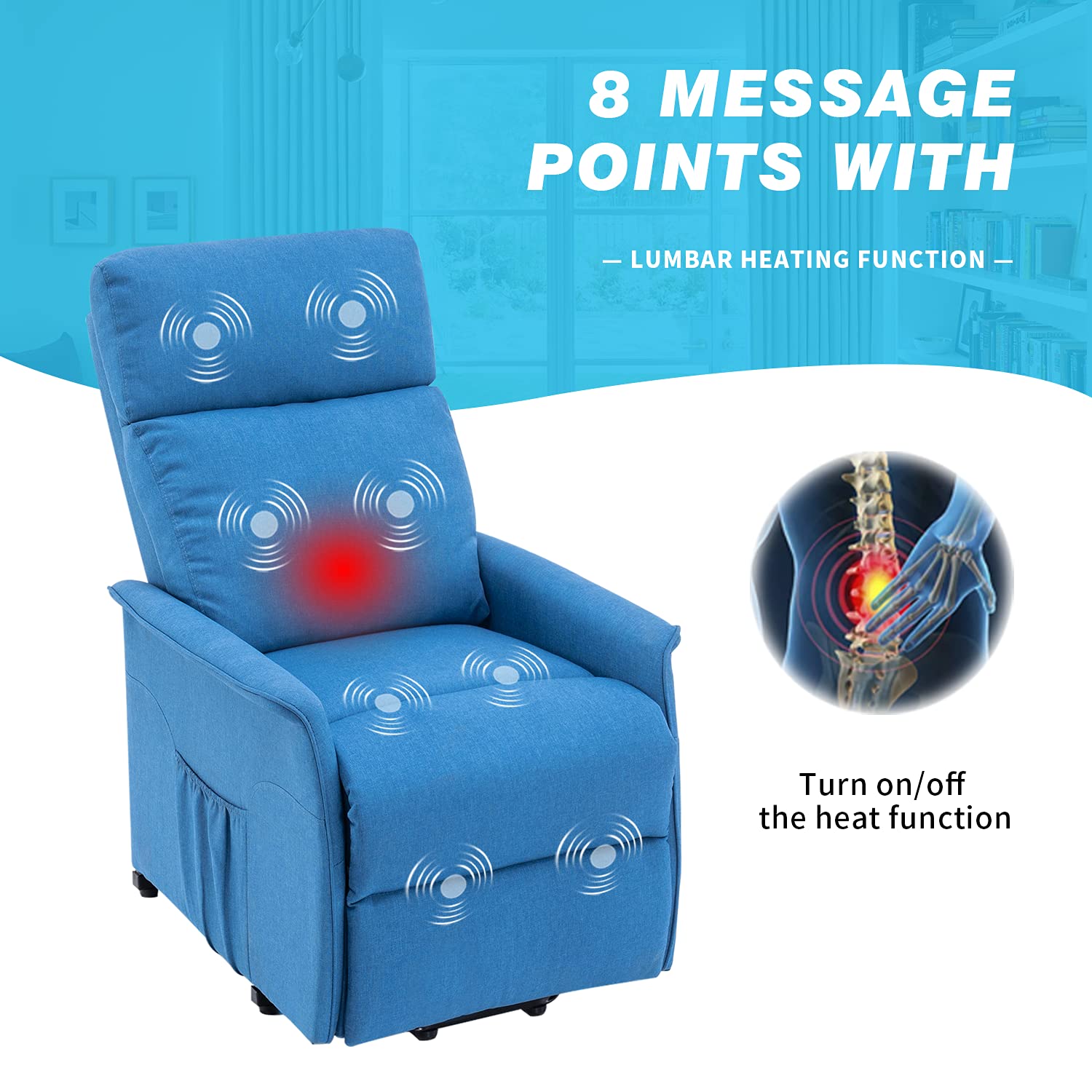MELLCOM Power Lift Recliner Chair Sofa for Elderly with Massage and Heat, Fabric Electric Massage Recliner with Side Pocket and Wired Remote Control, Linen Blue