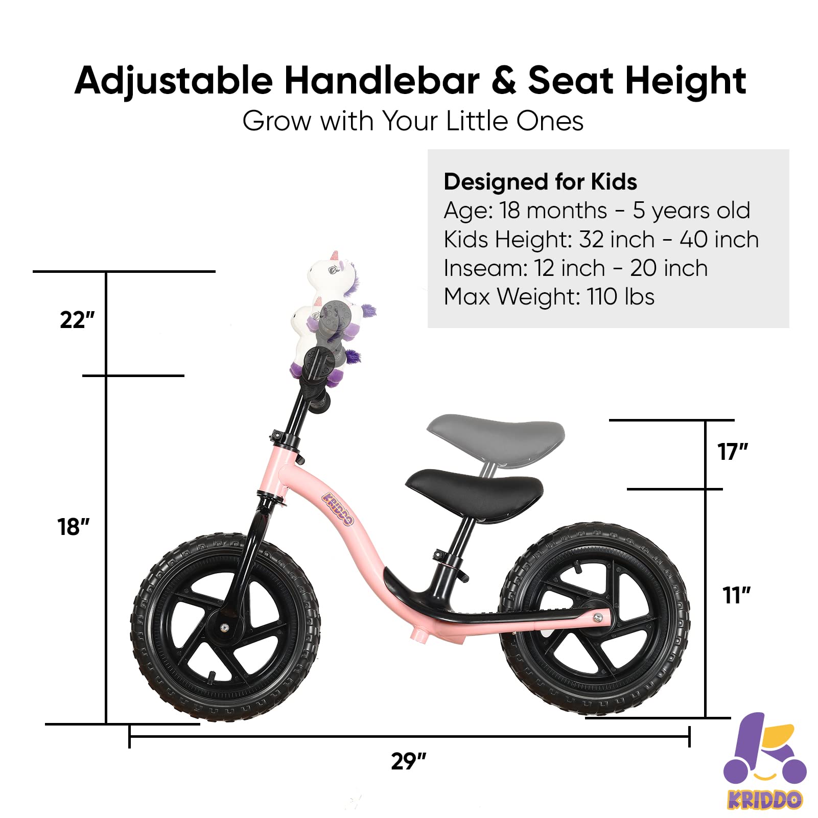 KRIDDO Toddler Balance Bike 2 Year Old, Age 24 Months to 5 Years Old, Early Learning Interactive Push Bicycle with Steady Balancing, Gift Bike for 2-5 Boys Girls, Pink