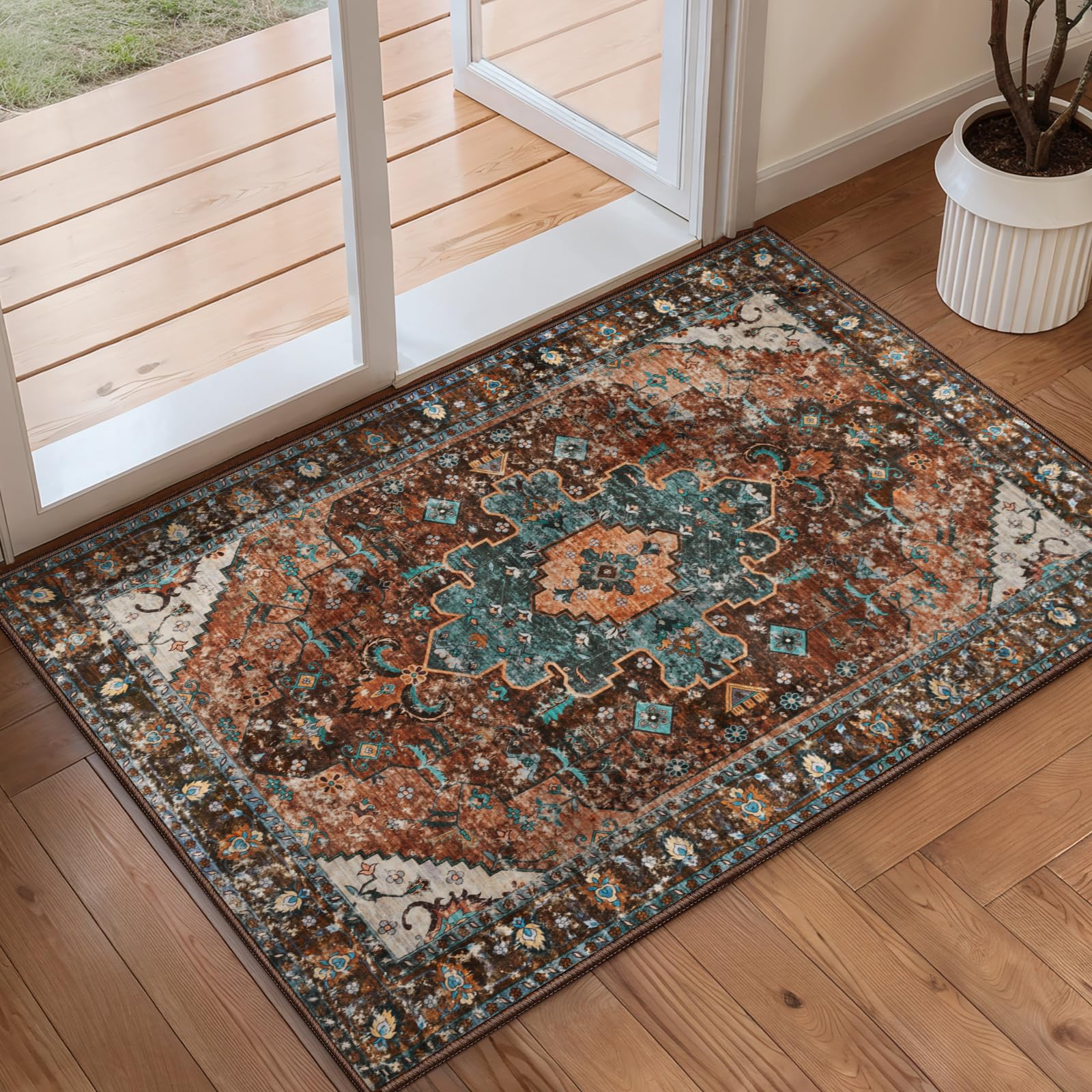 Ciicool Washable Vintage Area Rug, 2x3ft Small Boho Rug, Ultra Soft Rugs for Entryway, Non-Slip Entry Rugs Oriental Low-Pile Indoor Mat Floor Carpet for Entrance Bedroom Kitchen Bathroom Foyer Decor