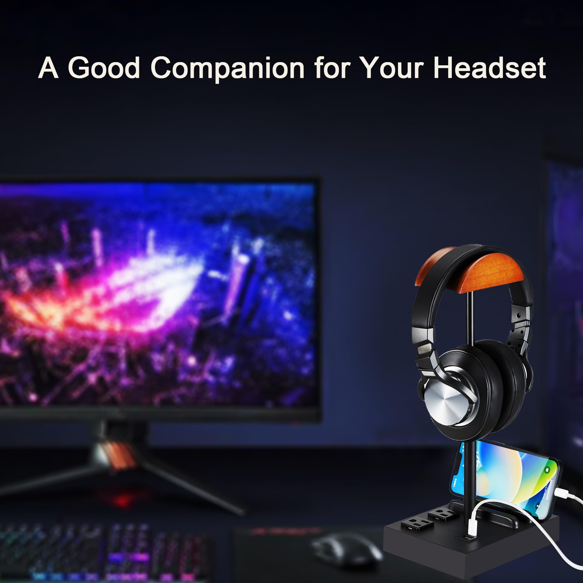 CASTLELIFE Headphone Stand Desktop Gaming Headset Holder with 2 AC Outlets and USB C&A Ports, Charging Station&Phone Stands, Height Adjustable Wood Earphone Table Game Accessories for Desktop Gamer