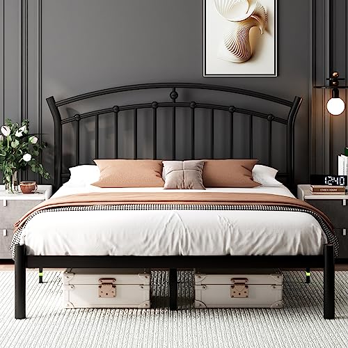 Feonase Full Size Metal Platform Bed Frame with Retro Headboard, Hardened Steel Tube, 12" Under-Bed Storage, No Box Spring Needed, Easy Assembly, Black