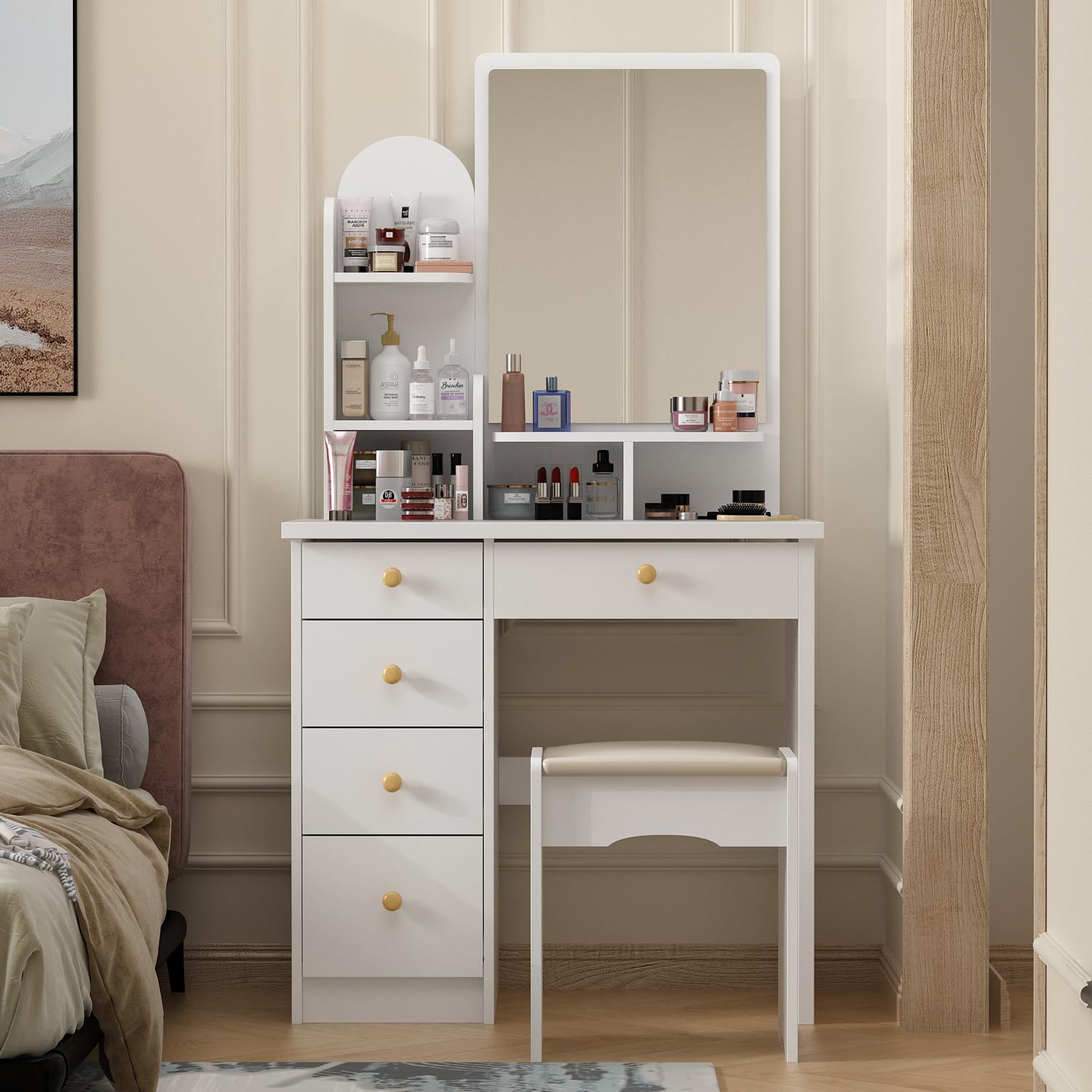 FUFU&GAGA Vanity Set with Mirror, Makeup Vanity Dressing Table with 5 Drawers, Shelves, Dresser Desk & Cushioned Stool Set (White, No Light)