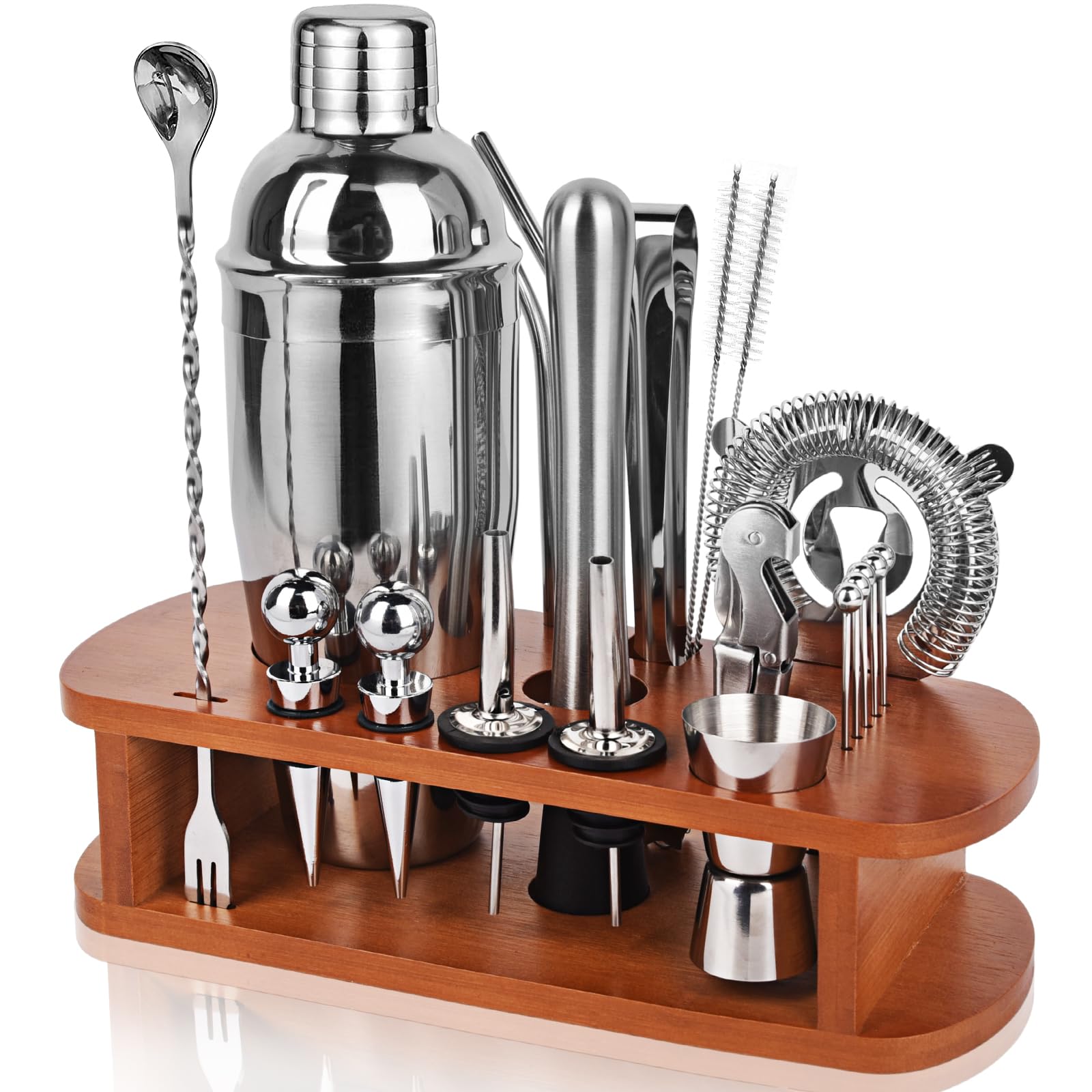 Carsolt Cocktail Shaker Set with Bamboo Stand, 26-Pieces Bartender Kit 25 oz Martini Bar Tools Set for Drink Mixing, Professional Stainless Steel Bar Tools Set Gift for Home, Bar, Party