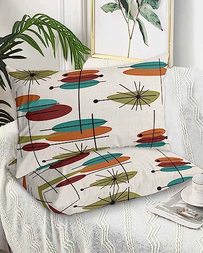 Edwiinsa Teal Red Orange Pillow Covers Standard Size Set of 2 20x26 Bed Pillow, Middle Century Geometric Abstract Art Burlap Plush Soft Comfort for Hair/Skin Cooling Pillowcases with Envelop Closure