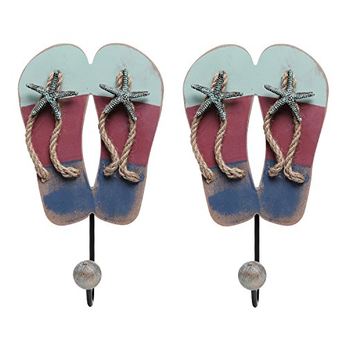 MyGift Nautical-Theme Flip Flop Sandal Entryway Wall-Hanging Single Ball Capped Storage Hook Coat, Coastal Starfish Bathroom Towel Rack Hangers, Set of 2