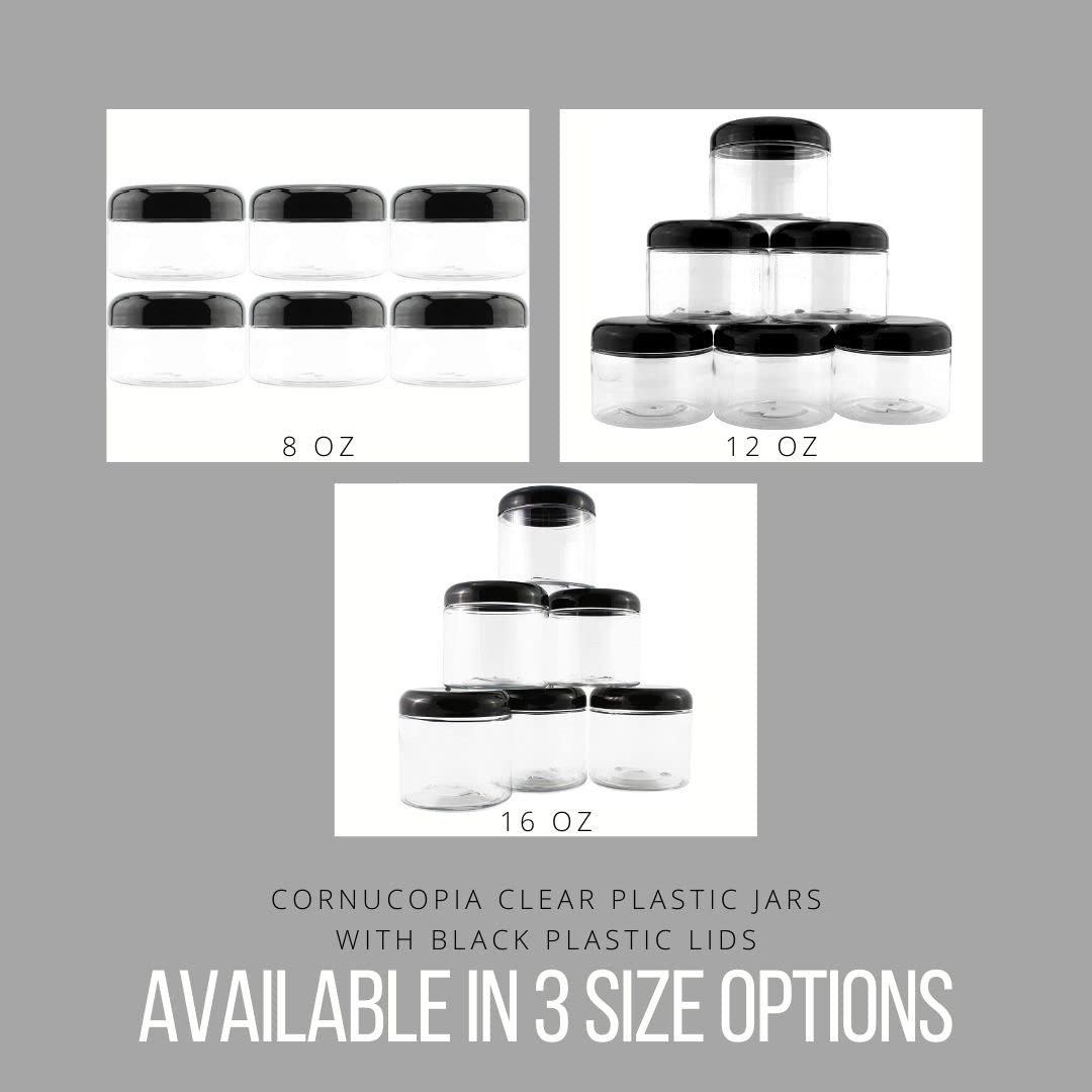 Cornucopia 12 Ounce Clear Plastic Jars w/Black Plastic Lids (6 pack); BPA Free PET Stackable Canisters for Bathroom & Kitchen Storage