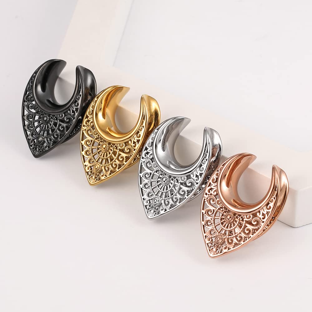 Casvort 2 PCS 8mm (0g) Hypoallergenic 316 Stainless Steel Gold Floral Saddle Hangers Tunnels Reverse Saddle Gauges Piercing Body Jewelry