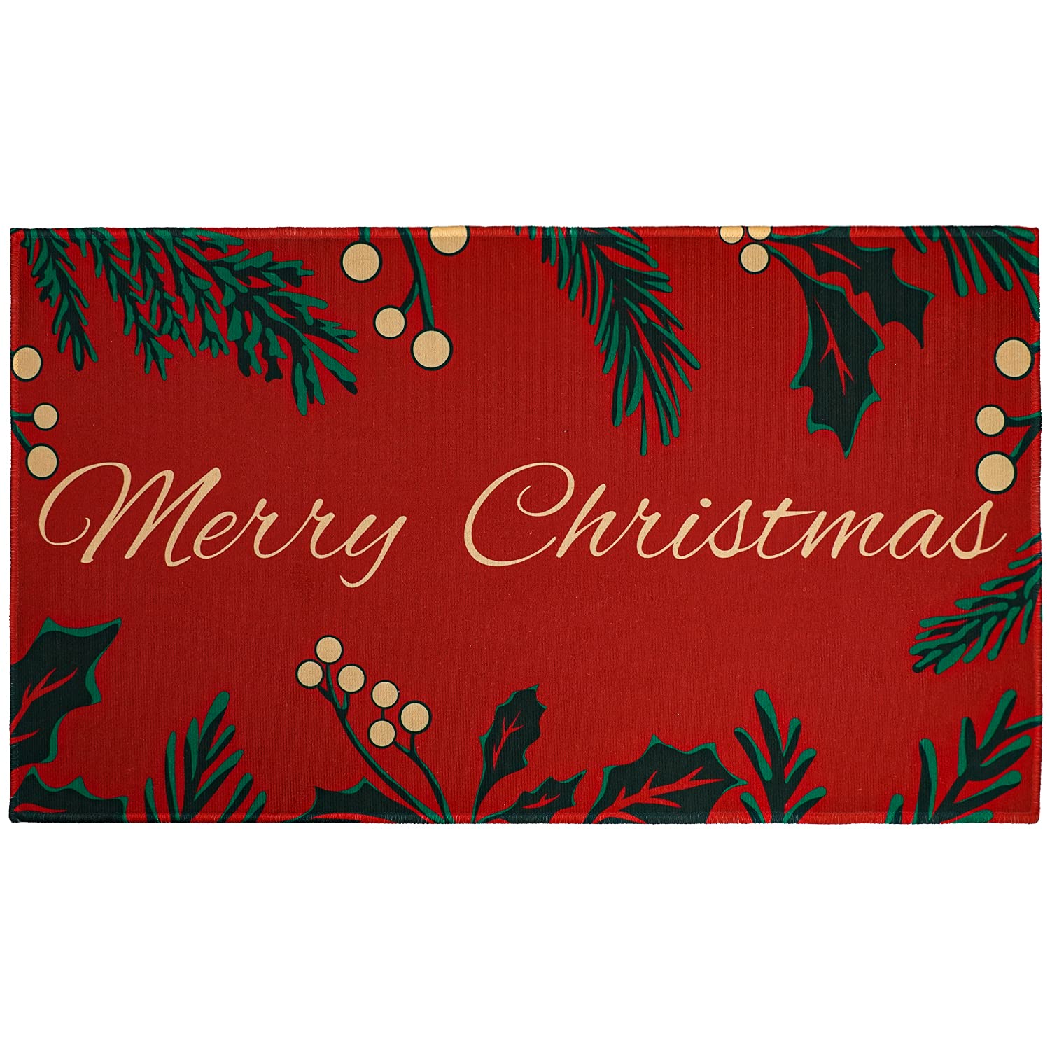 Merry Christmas Decorative Welcome Doormats,Non-Slip Holiday Door Mat Winter Holly for Indoor Outdoor Home Garden Decoration, Red Christmas Rug Entryway Front Porch Farmhouse Decor, 30" x 17"