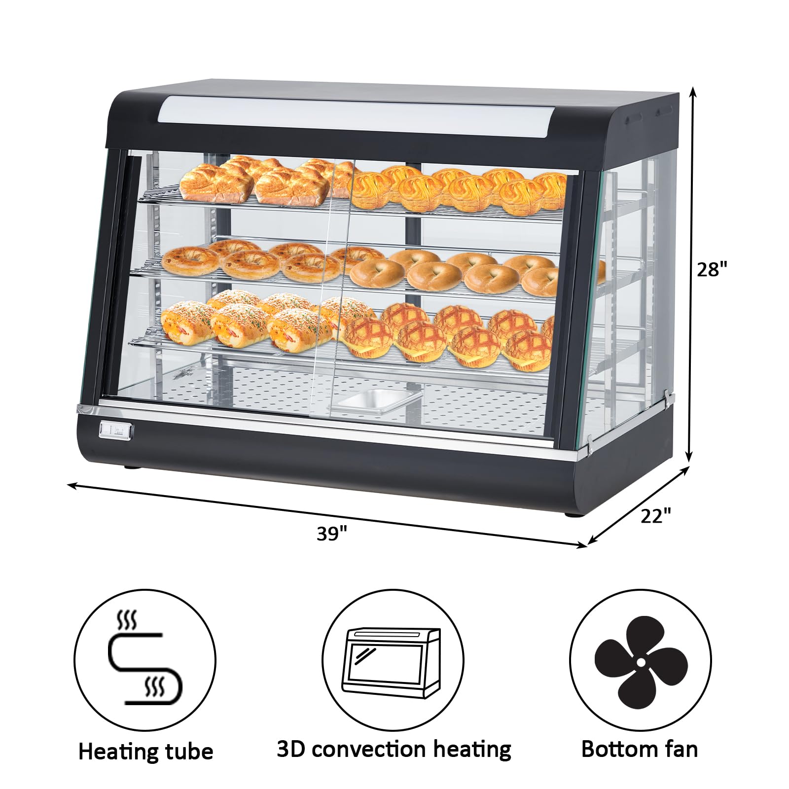 Commercial Food Warmer Display, 35" 3-Layer Pizza Warmer Cabinet with 3D Heating, Countertop Pastry Warmer, Temperature and Light Contral, Stainless Steel Framed Glass Door