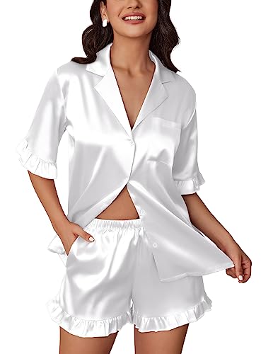 Ekouaer Pajama Sets for Women Soft Satin Sleeping Wear Summer Silky Short Sleeve Pjs Two Piece Lounge Set White,Small