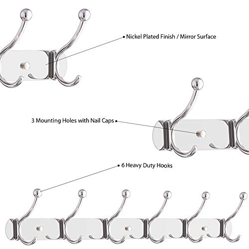 Wall Hooks Rack β Nickle Wall Mount Hook Rack with Six Double Hooks for Hanging Towels Coats Purse Bags & Clothes, Decorative Heavy Duty Mounted Hangers for Hats, Metal Hanger for Room
