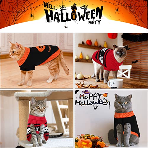 HUMLANJ 2 Packs Halloween Cat Sweater Turtleneck Knitted Pumpkin Sweaters for Cats Only Kitten Kitty Skull Sweater Warm Winter Knit Pullover Knitwear