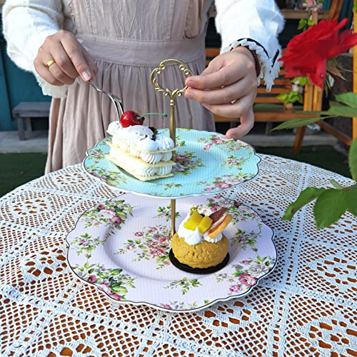PULCHRITUDIE Pink Azalea Porcelain Two-Tier Cake Stand Cake Plate, 9.5"