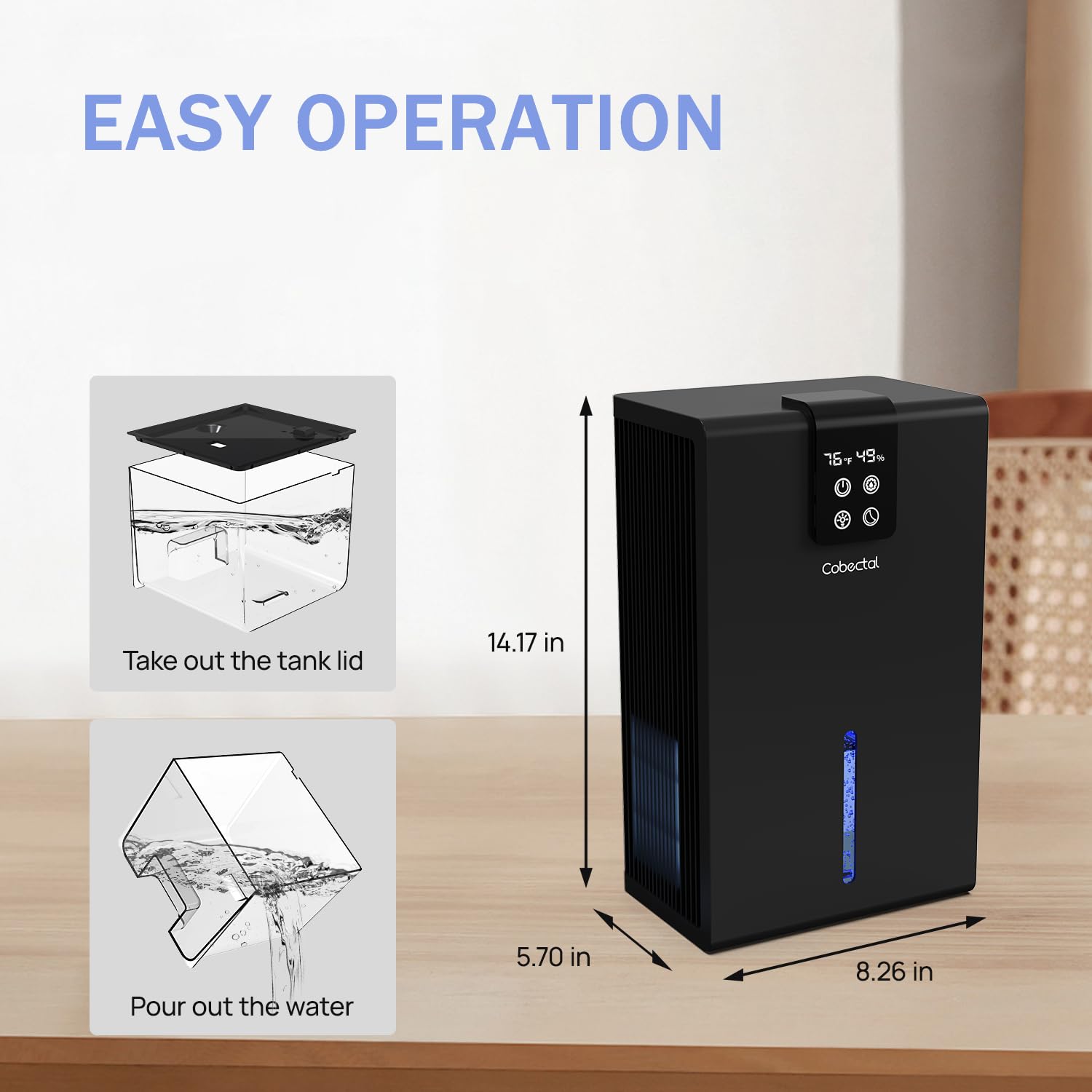 Cobectal Electric Dehumidifier for Home, Portable Dehumidifier Auto Shut Off, 3 Modes with 95oz Water Tank, Air Dehumidifier with Colorful Light for Basement, Bedroom, Bathroom, Closet (Black)