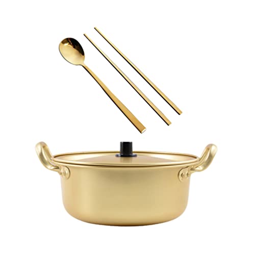 Hemoton 1 Set Ramen Pot, Korean Ramen Cooking Pot with Lid Spoon and Chopsticks (1pair), Korean Ramen Noodle Pot Korean Stockpots with Double Handle (6inch/ 16cm)