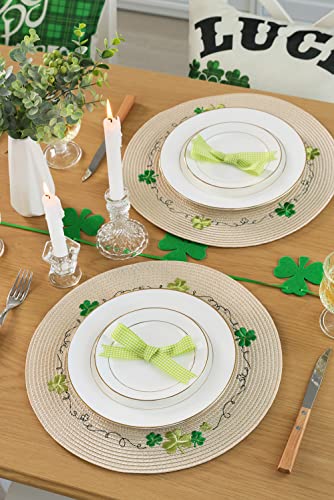 Feuille Round St Patricks Day Placemats Set of 4 PP Shamrock Placemats for Dining Table St Patrick Table Mats Green Embroidery Perfect for St Patricks Day Decorations