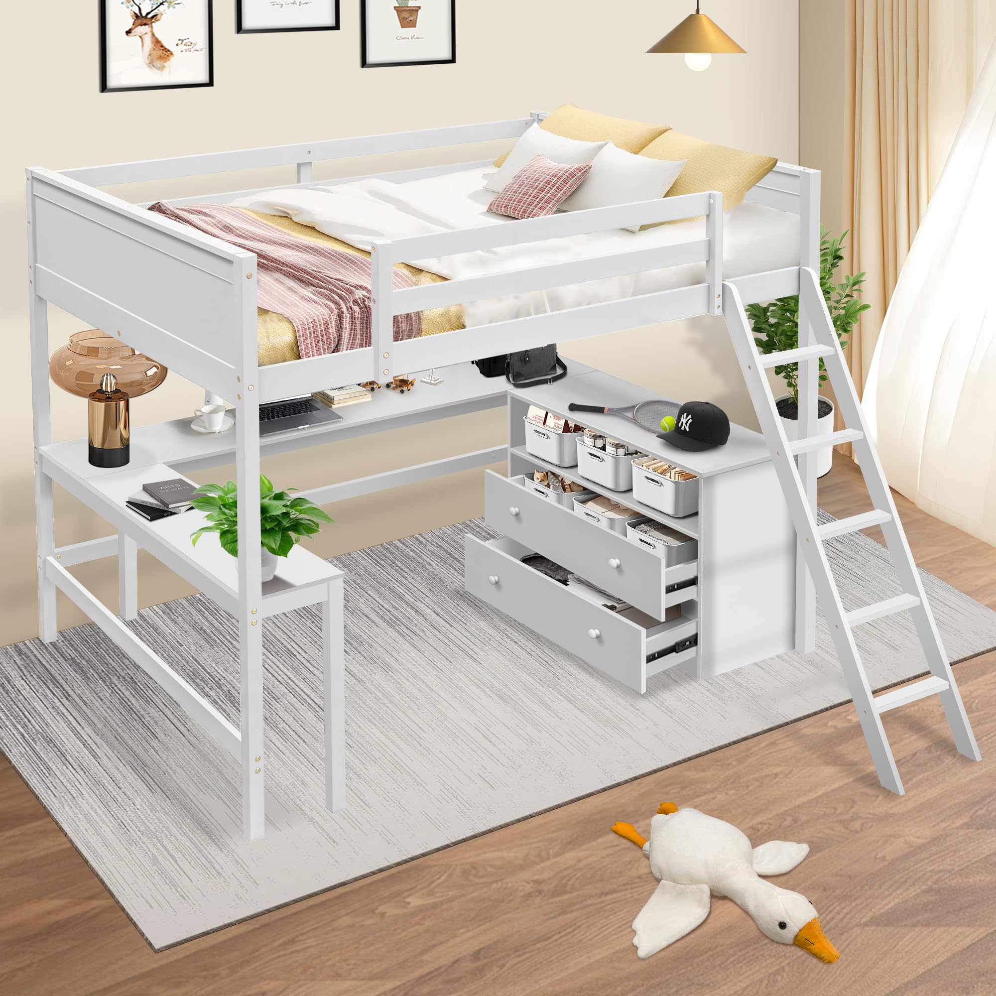 Full Loft Bed with Desk Underneath, Storage Shelves and 2 Drawers, Solid Wood Full Size Loft Bed Frame with Guardrails & Ladder for Girls Boys Junior Adults, Space-Saving, White