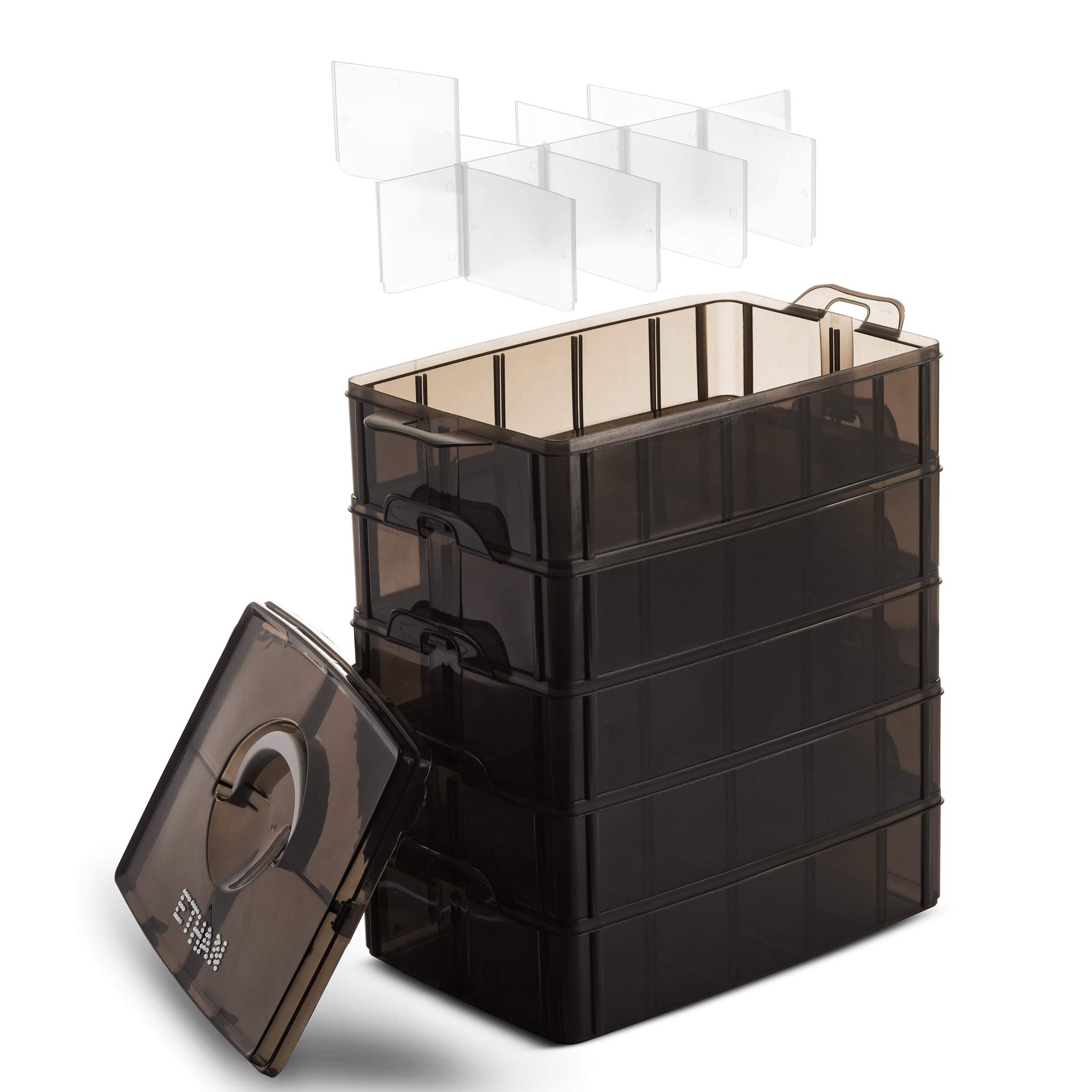 LifeSmart USA Stackable Storage Container Black 50 Adjustable Compartments Compatible with Lego Dimensions LOL Surprise Littlest Pet Shop Arts and Crafts and More (5 Tier)