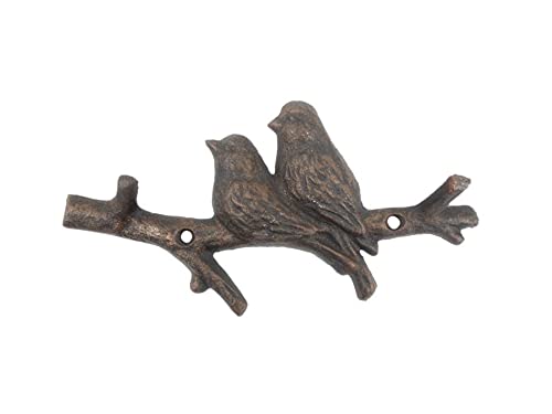 Handcrafted Nautical Decor Rustic Copper Cast Iron Birds on Branch Decorative Metal Wall Hooks 8"
