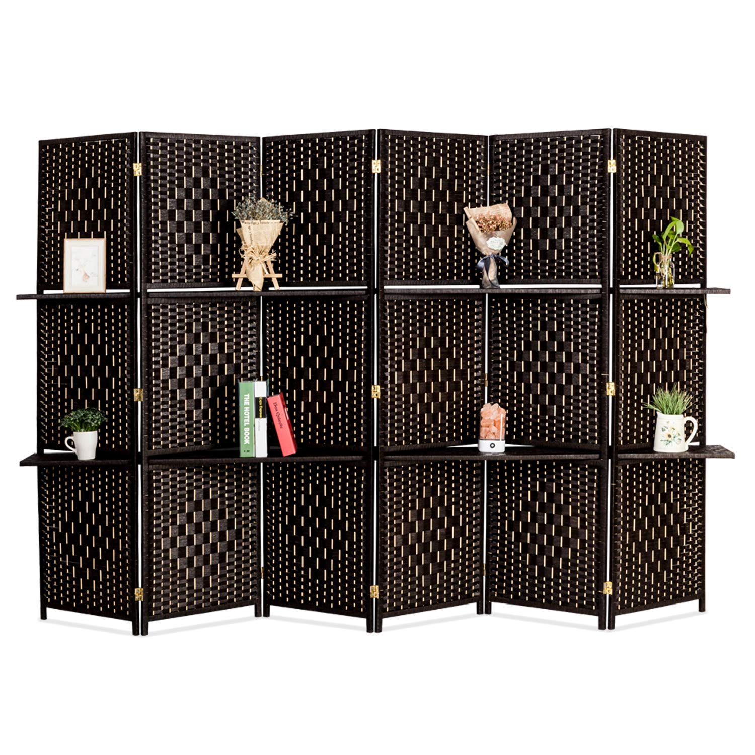 Bonnlo Upgraded Heavy Duty 6FT Tall Rattan Room Divider Screens with Partition Wall 2 Display Shelves, Indoor Folding Screen Dual-Sided Hinges for Home Office (6 Panels)