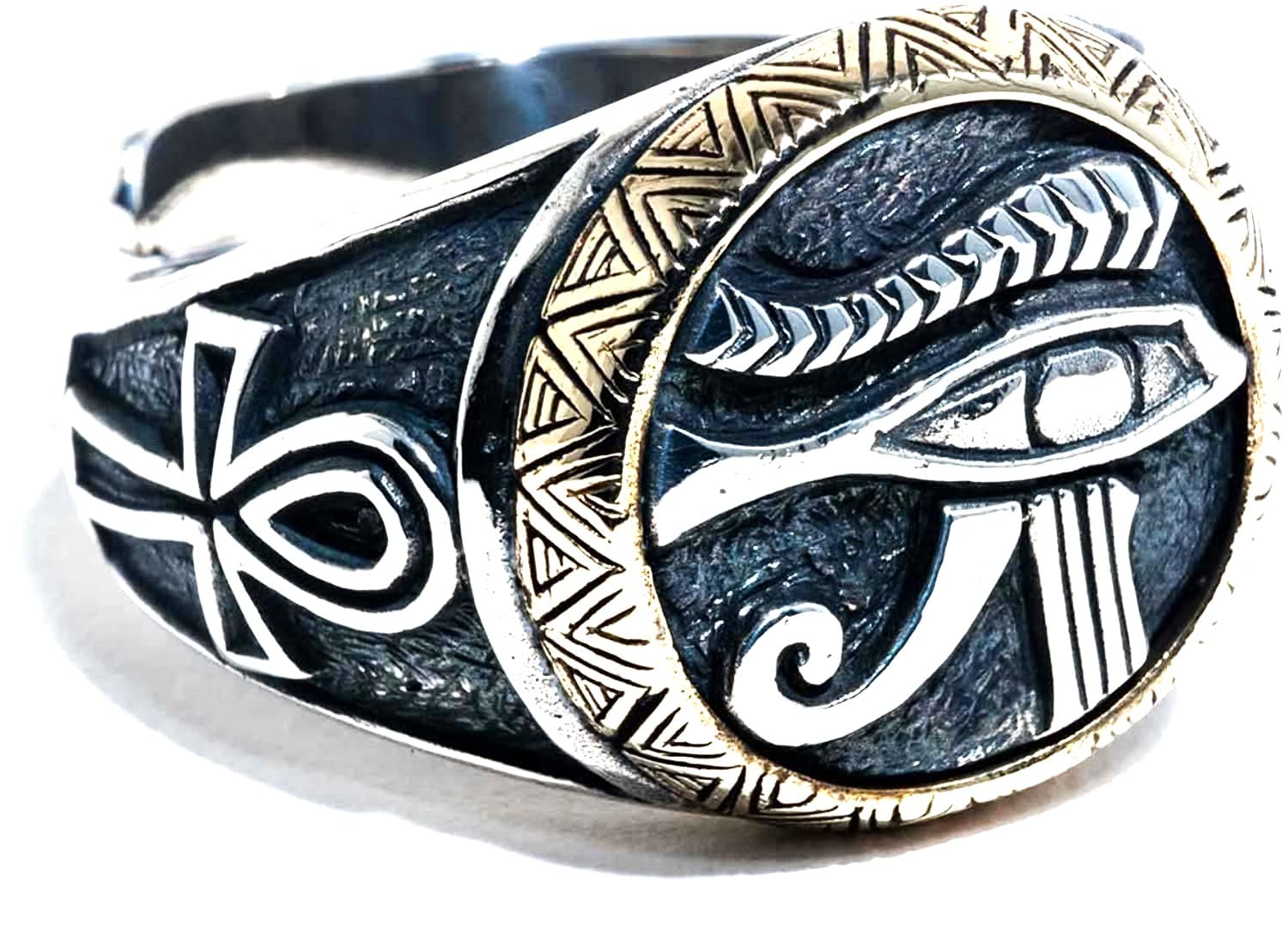 COSUMOSU 925 Sterling Silver Egyptian Eye of Horus Ankh Cross Ring Adjustable for size US 9~12