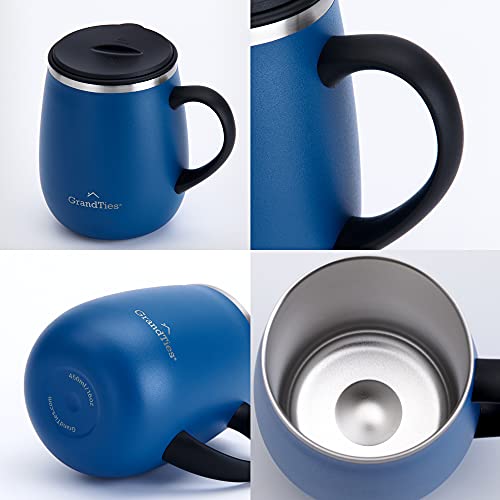 GRANDTIES Insulated Coffee Mug with Handle - Sliding Lid for Splash-Proof 16 oz Wine Glass Shape Thermos Tumbler with Double Walled Vacuum Stainless Steel to Keeps Beverages Hot or Cold - Cobalt Blue