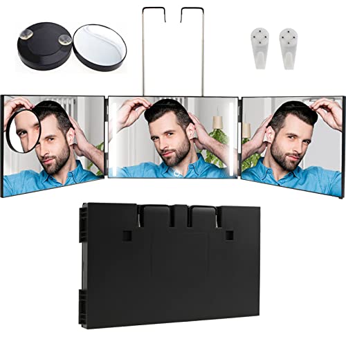 Feisate Barber Mirror Self Cut with LED Lights, 3 Way Mirror for Hair Cutting, 360 Mirror for Haircuts for Men&Women, Self Haircut Mirror to See Back of Head, Three Way Hair Mirror